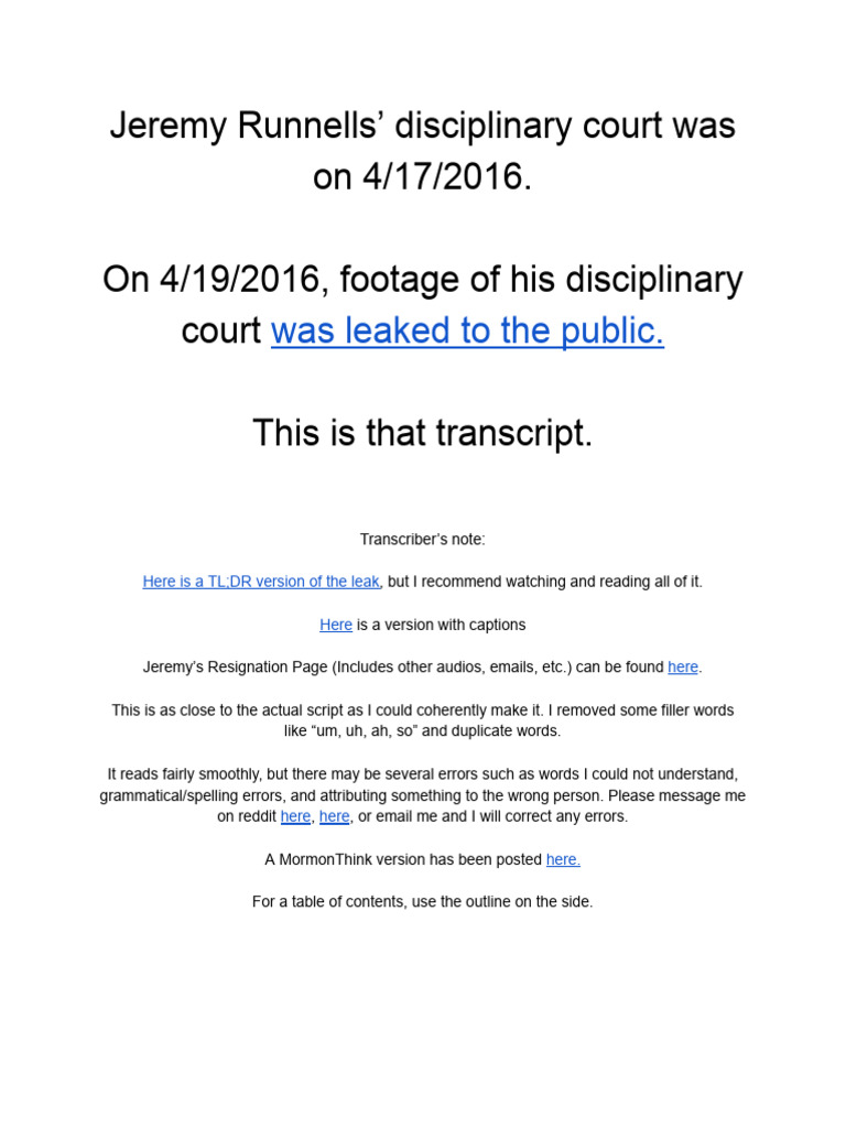 Jeremy Runnells' Disciplinary Council Transcription | PDF | Joseph ...