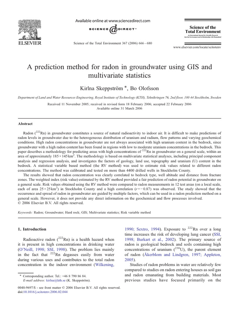 35 - A Prediction Method For Radon in Groundwater Using GIS and Multivariate Statistics ...
