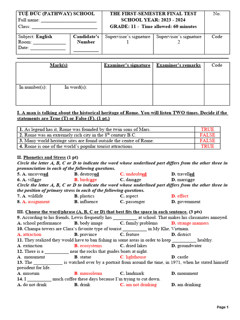 Answer Key - Grade 11 - The First-Semester Final Test - 23.24 | PDF ...