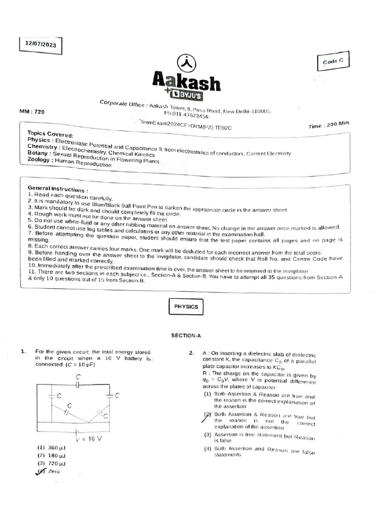 Aakash: Termexam2024Ce+Oym (P2) - Teo2C | PDF | Reaction Rate | Capacitor