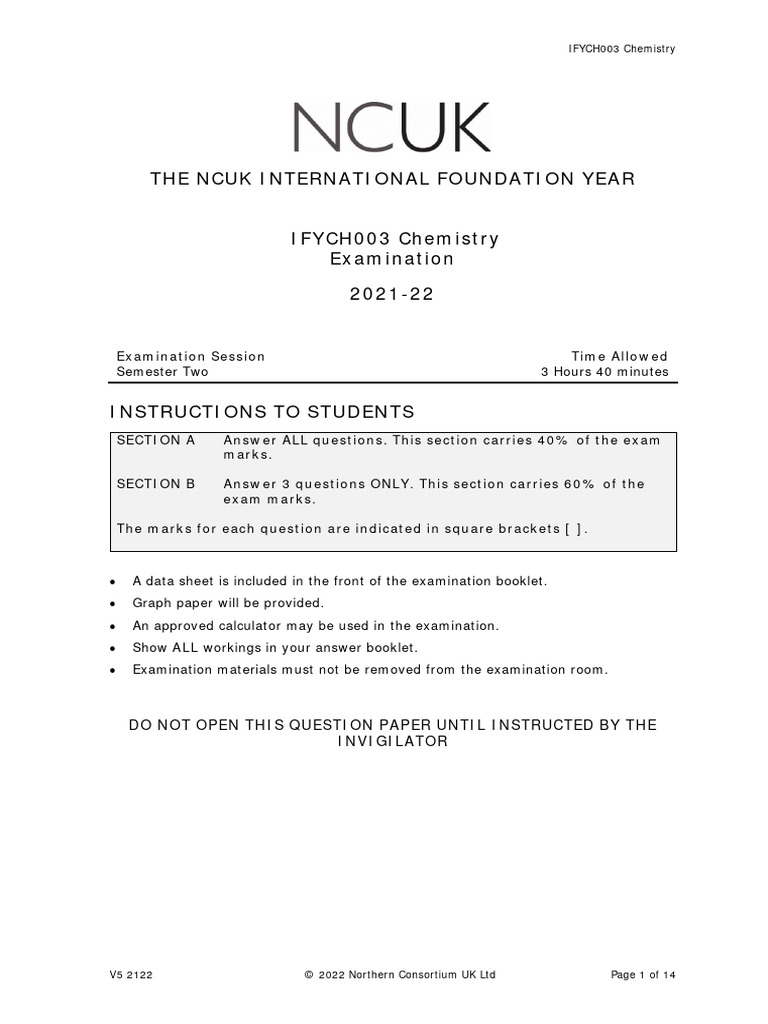 IFY Chemistry Exam 2122 V5 | PDF | Chemical Reactions | Chemical Equilibrium