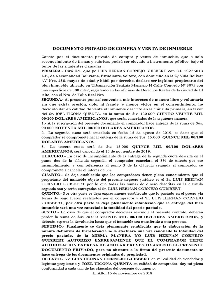 Documento Privado de Compra y Venta de Inmueble | PDF | Finanzas y dinero | Ciencias sociales