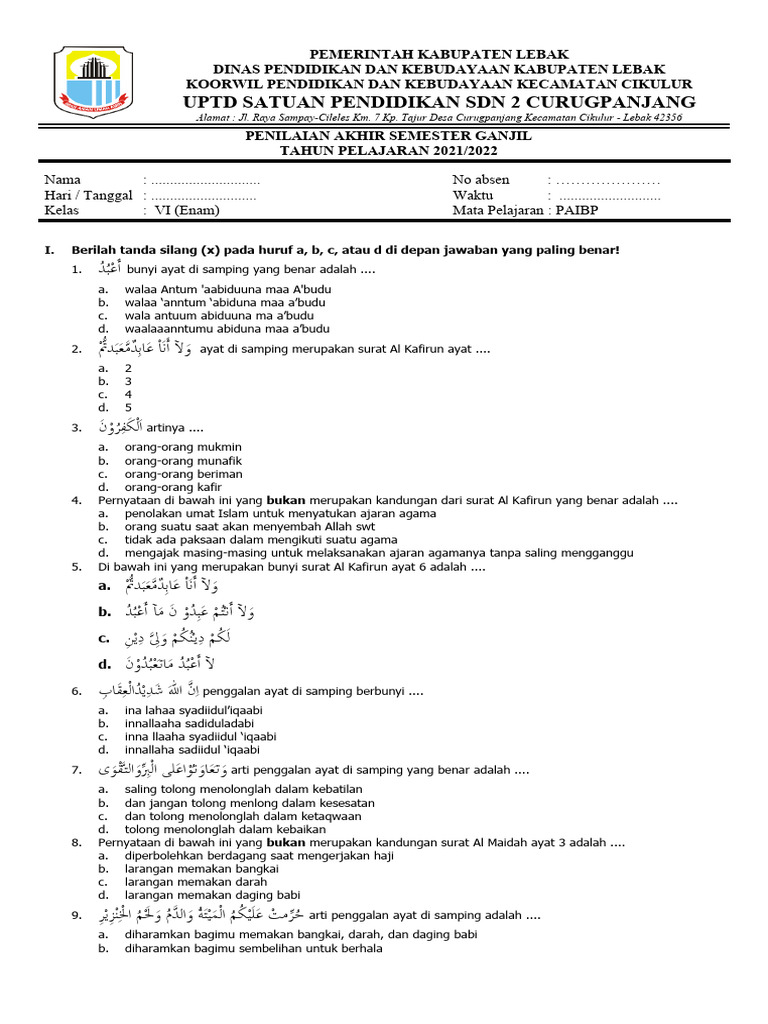 Soal Pas Paibp SMTR 1 2021-2022 Kls 6 | PDF
