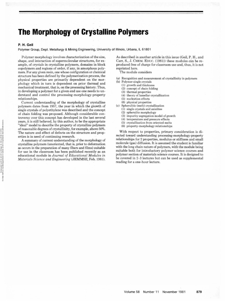 Geil 1981 The Morphology of Crystalline Polymers | PDF | Polymers | Crystal