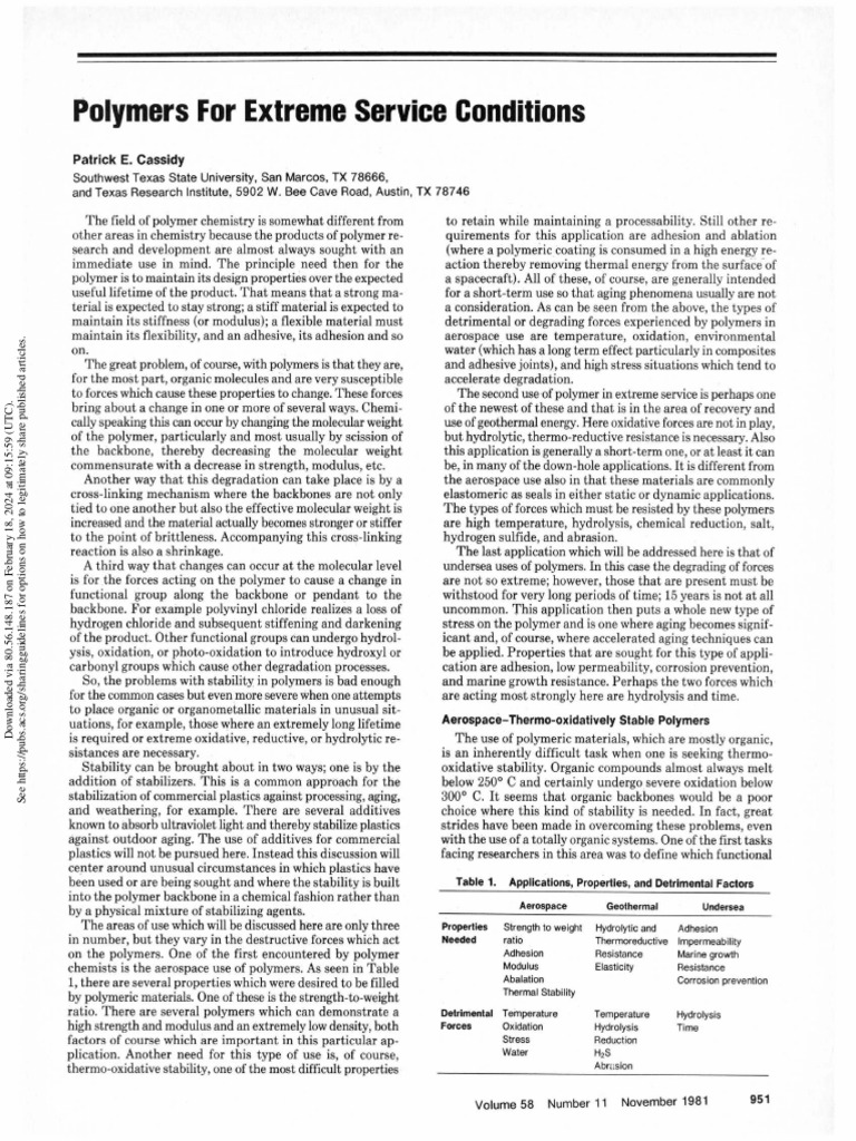 Cassidy 1981 Polymers For Extreme Service Conditions | PDF | Polymers | Composite Material