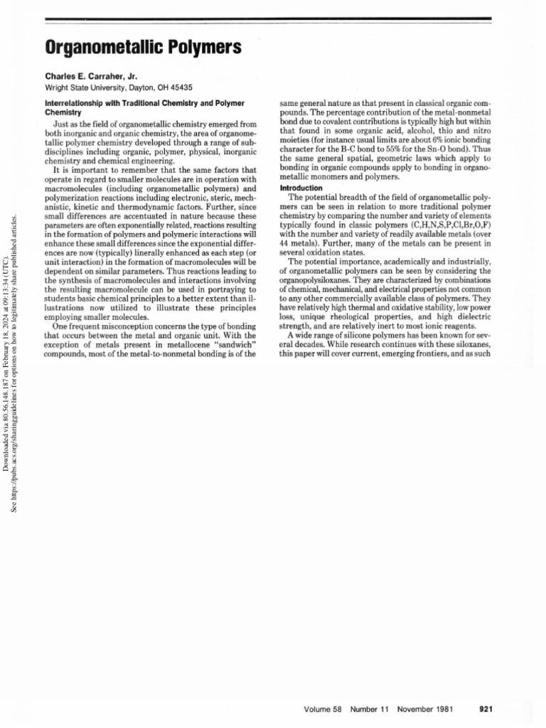 Carraher 1981 Organometallic Polymers | PDF | Coordination Complex | Polymers
