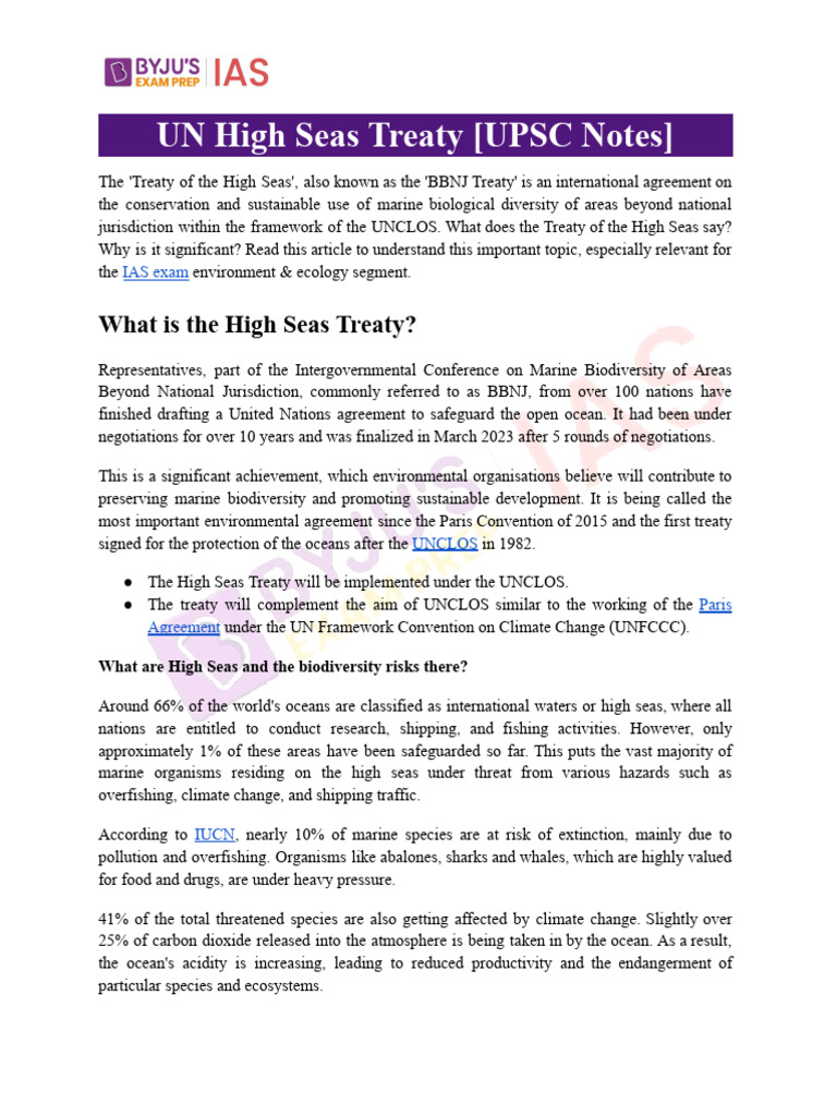 BYJUS Exam Prep UN High Seas Treaty 2023 | PDF | Oceans | United ...