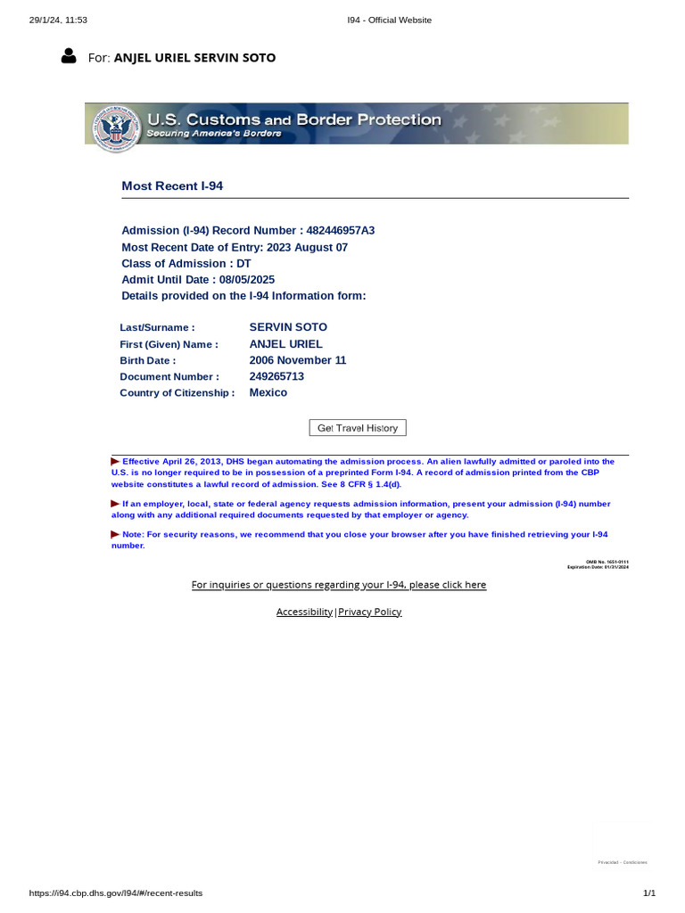 I-94 Admission Number Retrieval Guide | PDF