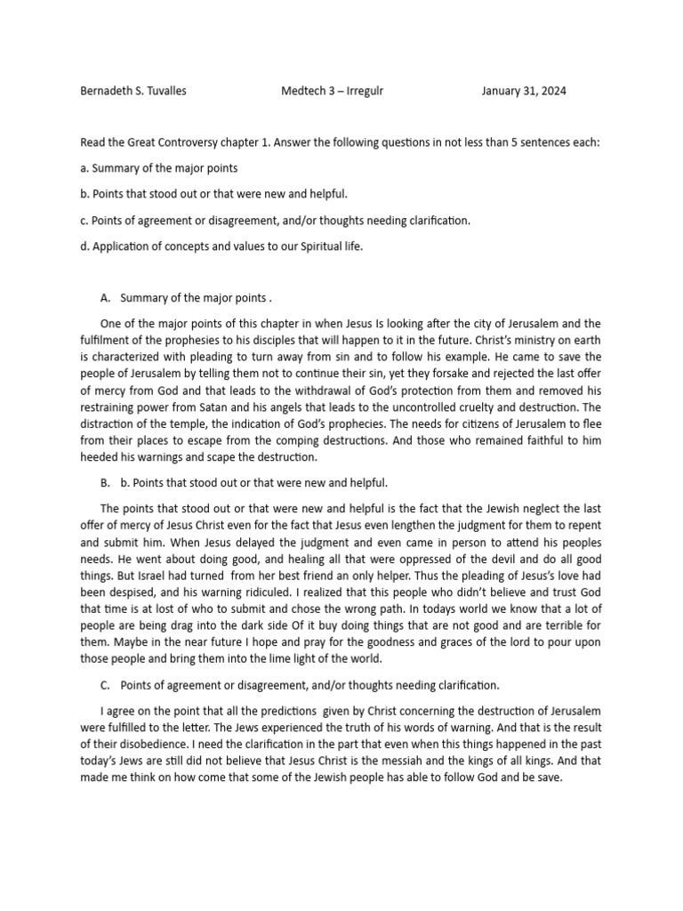 The Great Controversy Chapter One Reading Log. | PDF | Jesus ...