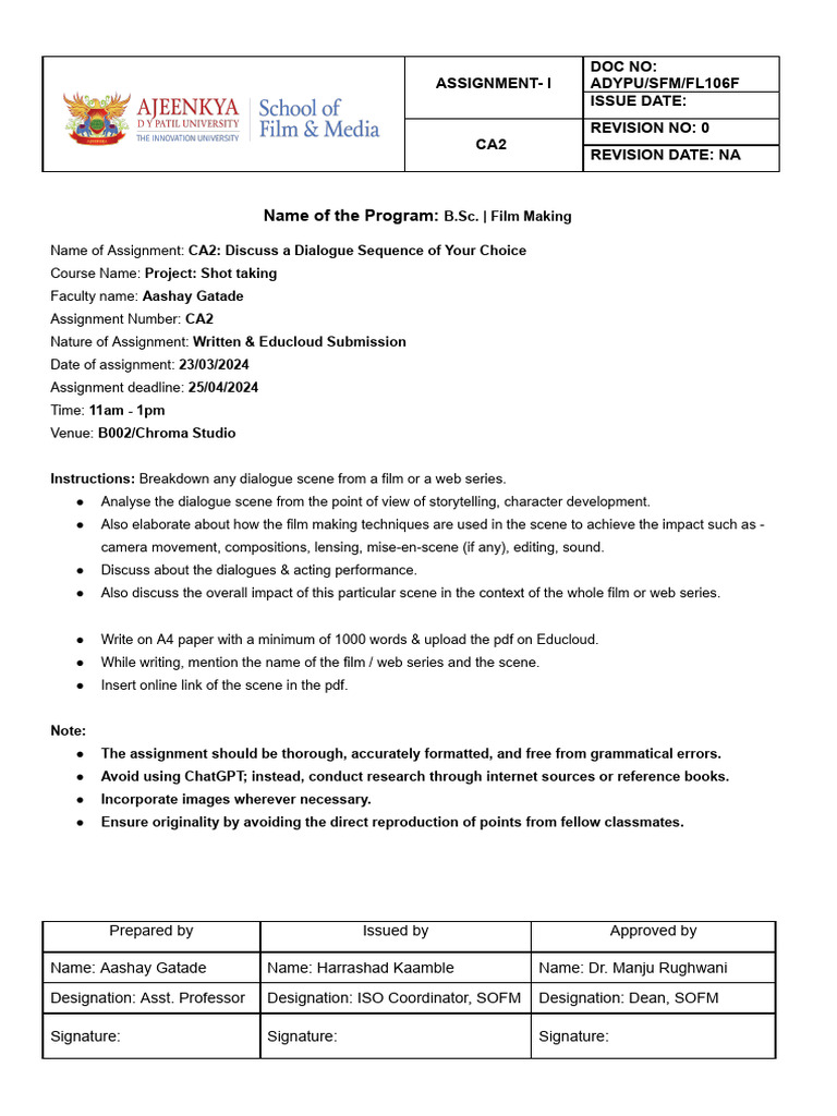 CA2 For Project Shot Taking | PDF