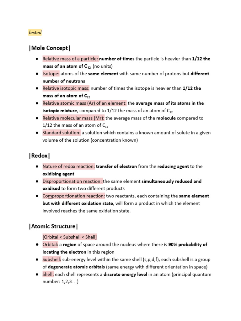 H2 Chem Definition Checklist | PDF | Chemical Equilibrium | Solubility