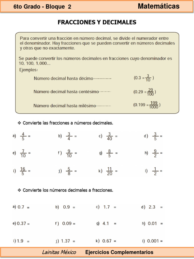6to Grado - Matemáticas - Fracciones y Decimales | PDF