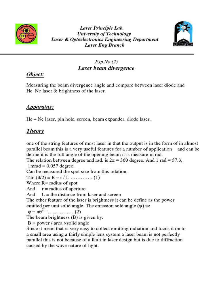 laser beam divergence (1) | PDF | Laser | Diffraction