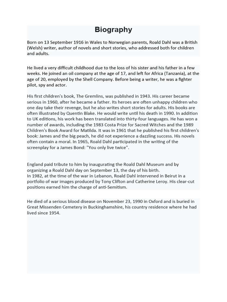 Biography Roald Dahl | PDF