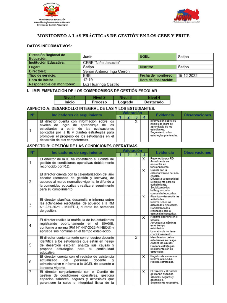 1 FICHAS DE MONITOREO DE Gestion A CEBE y PRITE | PDF | Maestros ...