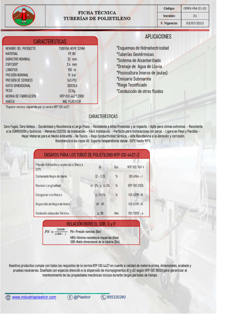 Ficha Tecnica 32MM PN10 Pe80 2405 | Descargar gratis PDF | Tubería ...