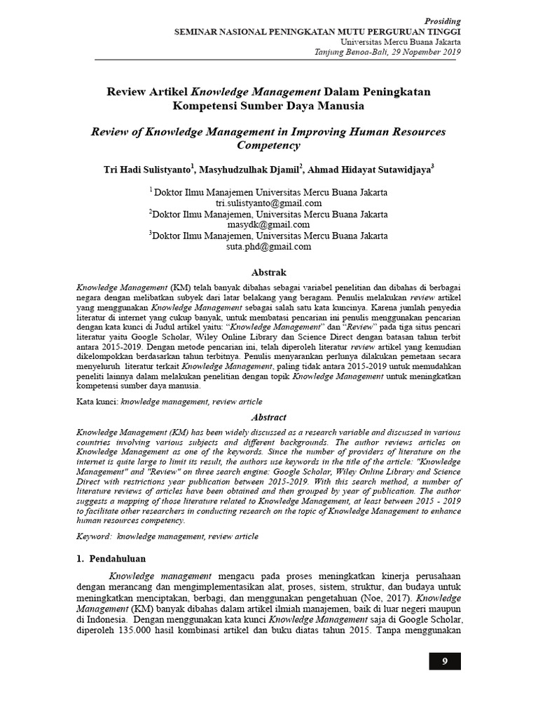 MSDM - Review Artikel Knowledge Management Dalam Peningkatan | PDF | Karier & Perkembangan