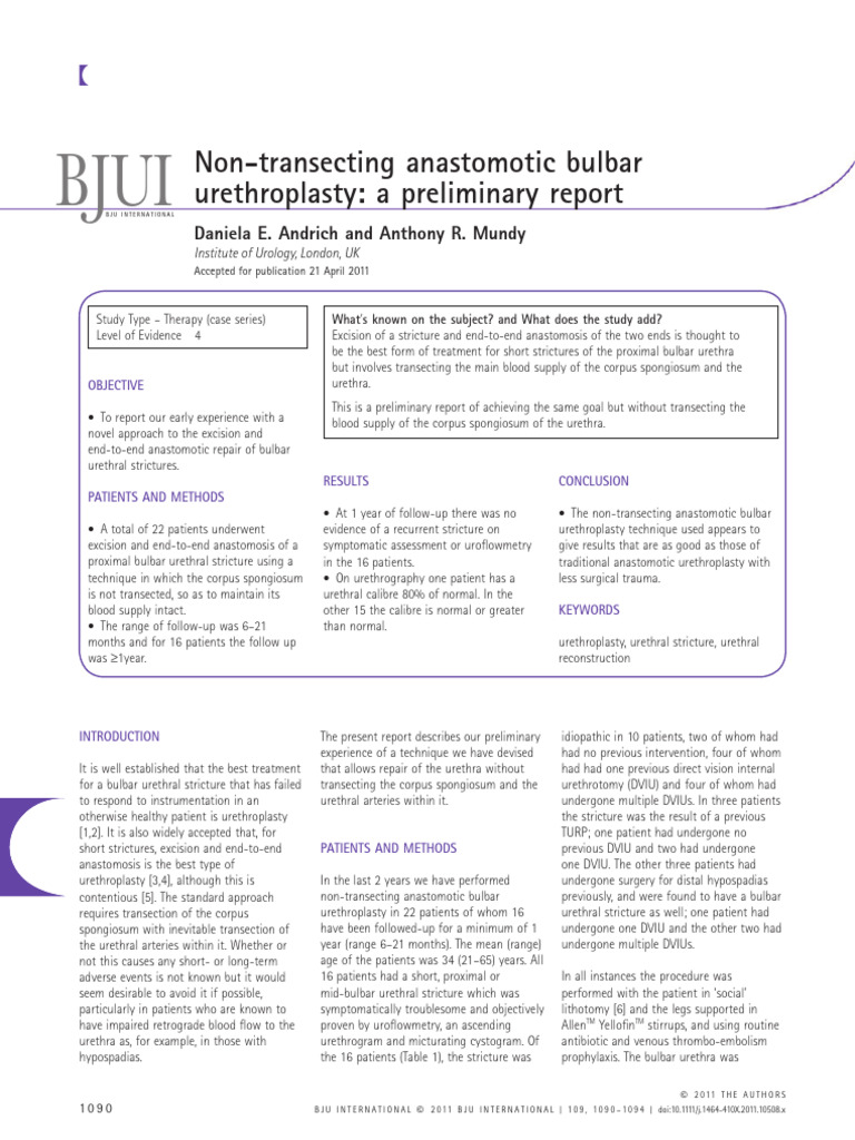 Non-Transecting Anastomotic Bulbar Urethroplasty - A Preliminary Report ...