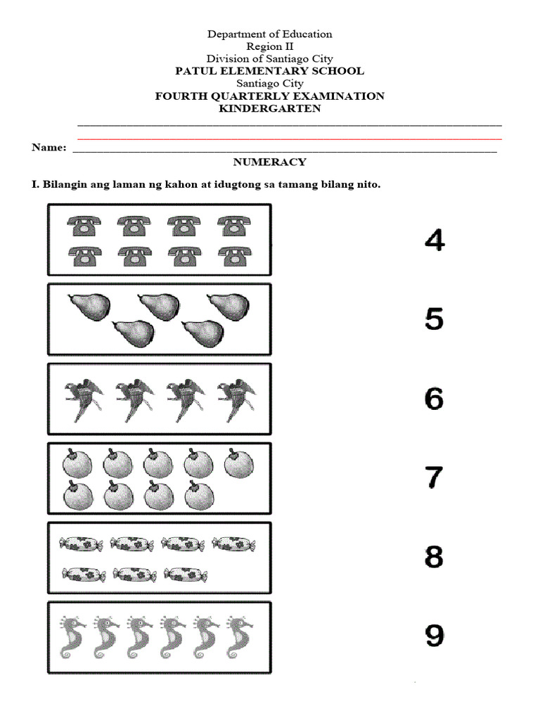 Fourth Quarter Examination 2017 Kindergarten | PDF