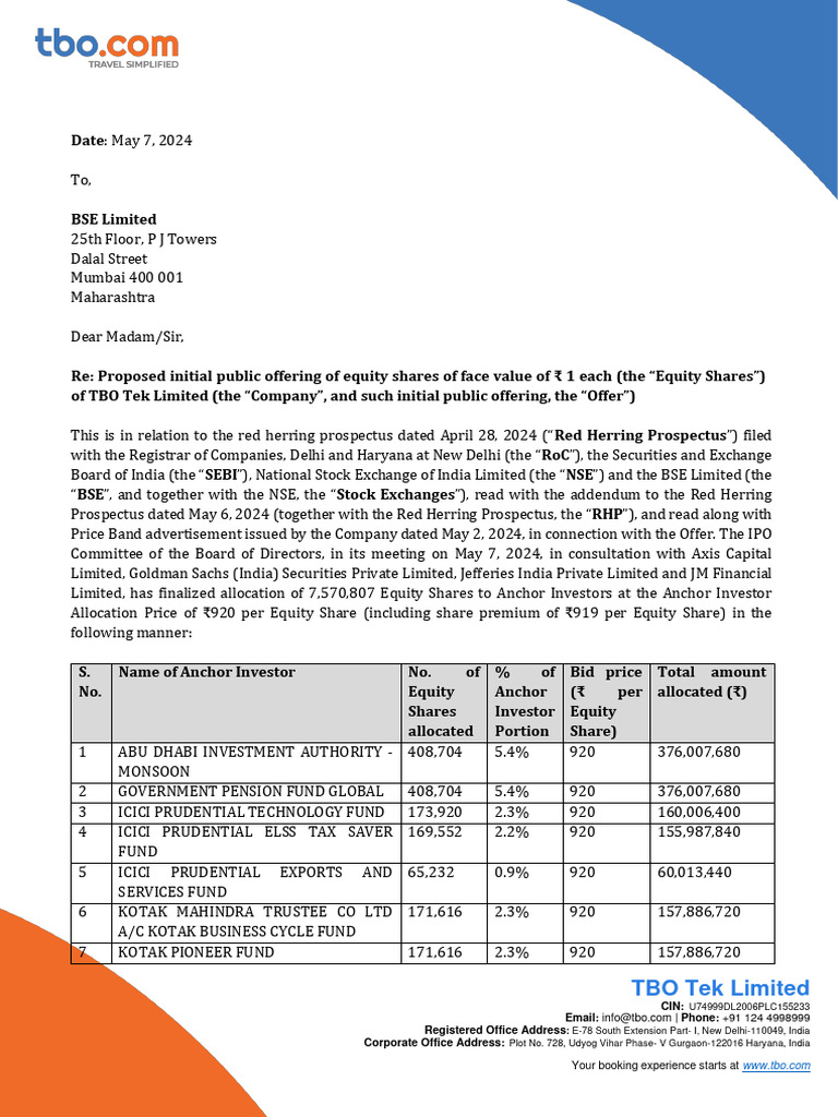 TBOTek Anchor Letter BSE | PDF | Initial Public Offering | Stocks