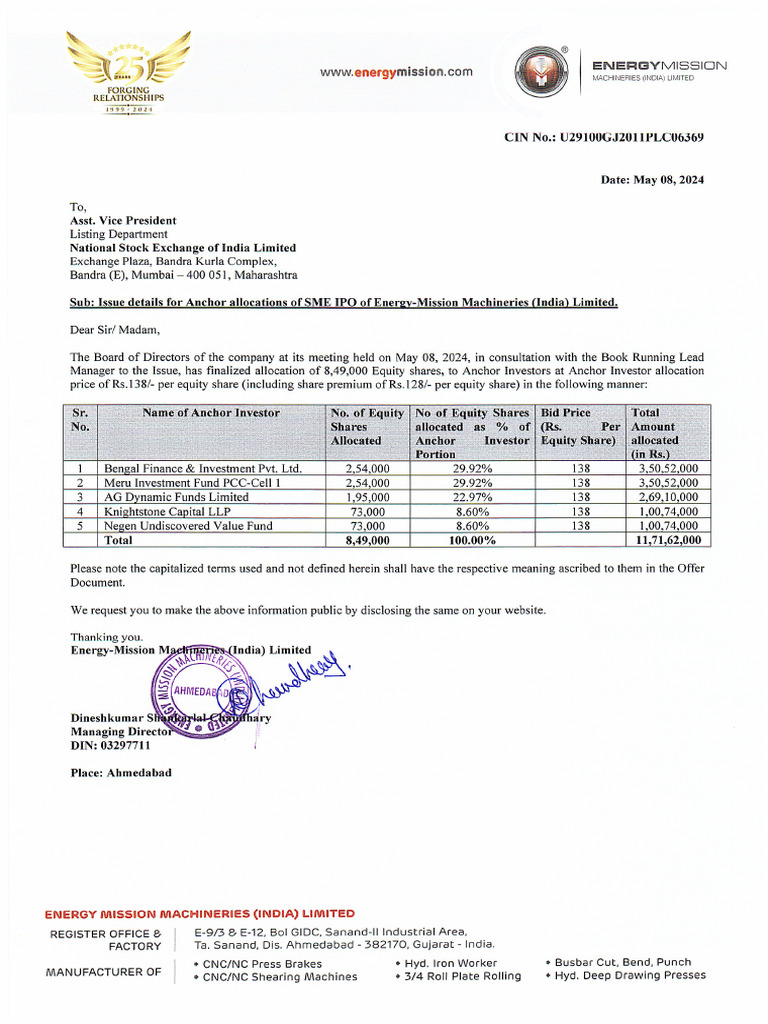 Company Confirmation - Anchor Allocation | PDF