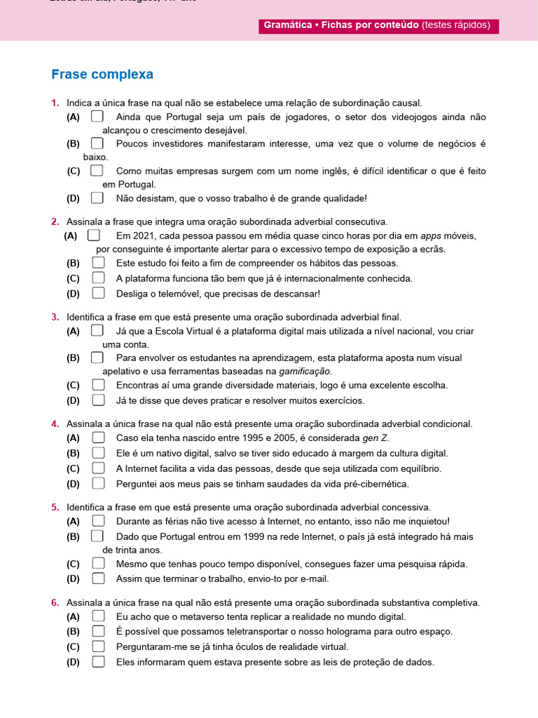 Ldia11 Gramatica Frase Complexa 1 | PDF | Internet
