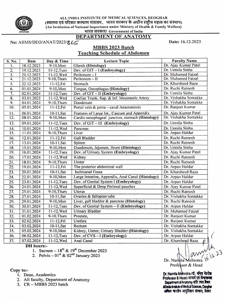 Teaching Schedule of abdomen MBBS 2023 batch | PDF