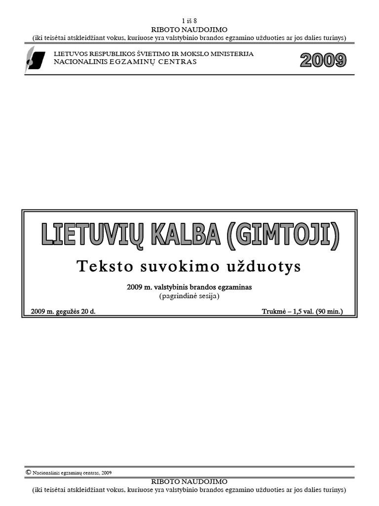 1041 Uzduotys 2009 VBE Liet K Gimt Suvokimo Uzduotis | PDF