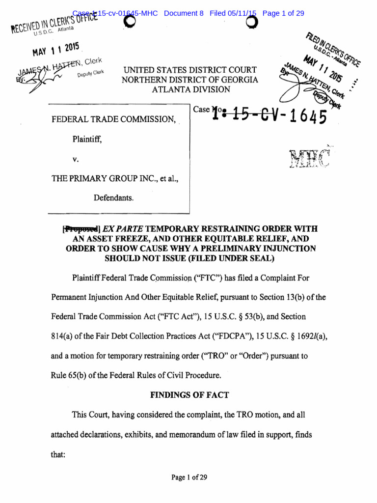 FTC vs. The Primary Group: TRO Order | PDF | Injunction | Federal Rules ...