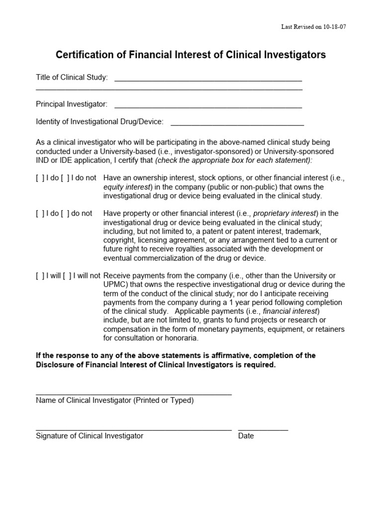 Certification and Disclosure of Financial Interest-Clinical ...