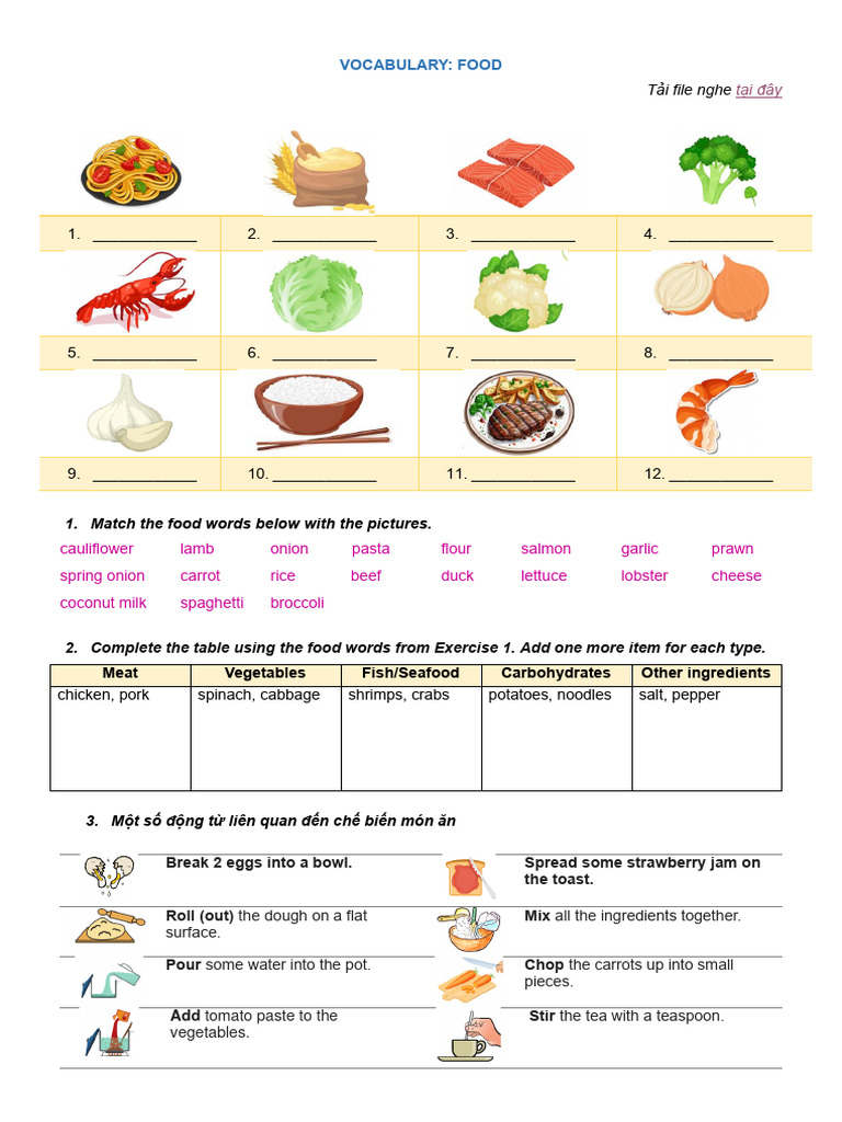 Vocabulary: Food: 1. Match The Food Words Below With The Pictures | PDF ...