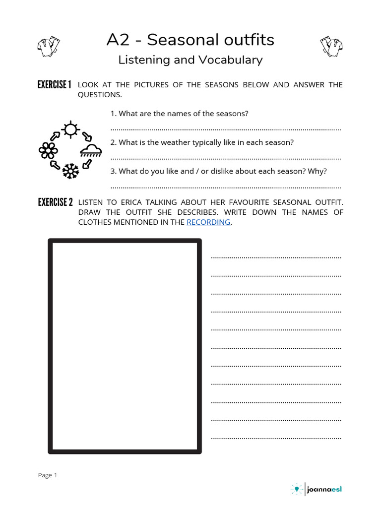 A2 Seasonal Outfits Worksheet Teachers Notes | PDF | Clothing | Scarf