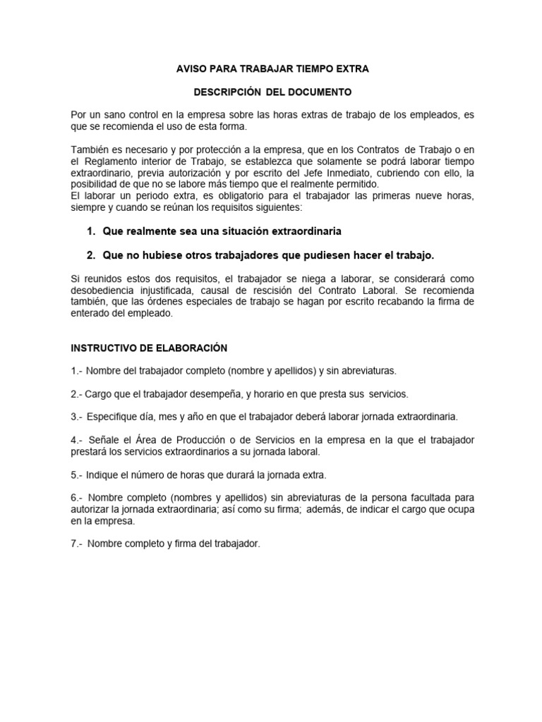 Aviso para Trabajar Tiempo Extra | PDF | Finanzas y dinero