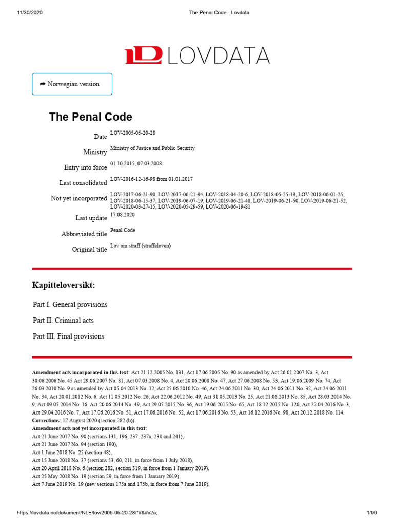 The Penal Code - Lovdata | PDF | Crimes | Crime & Violence