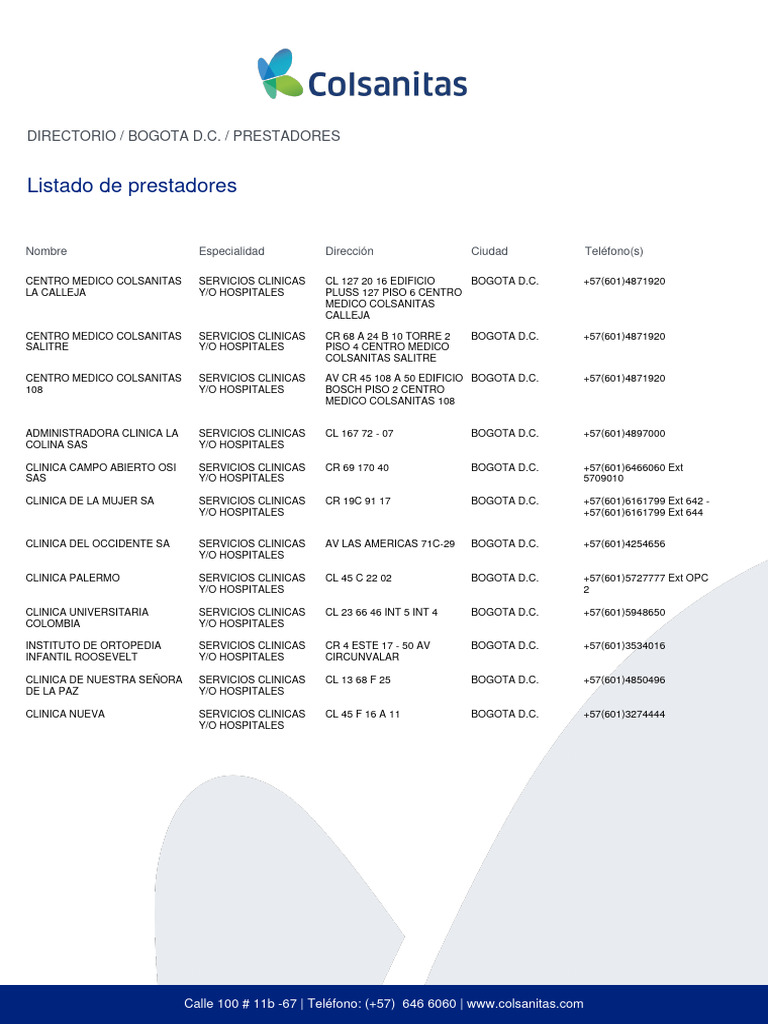 Directorio Médico Colsanitas Bogotá | PDF | Bogotá