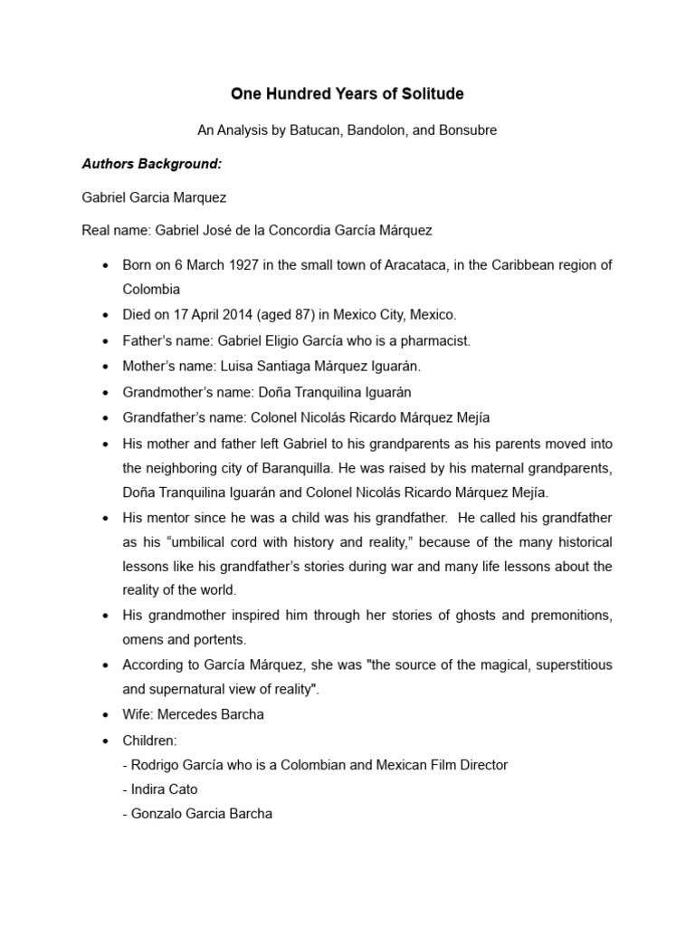 Analysis of One Hundred Years of Solitude | PDF | Gabriel García Márquez