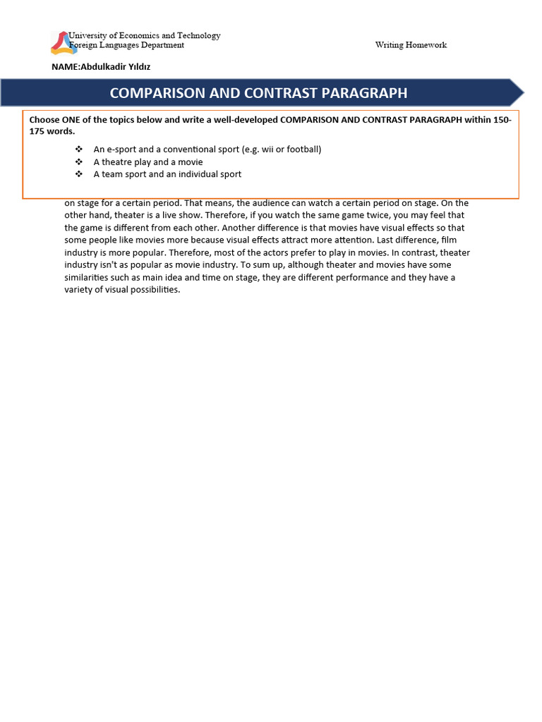 Homework-Comparison and Contrast Paragraph | PDF