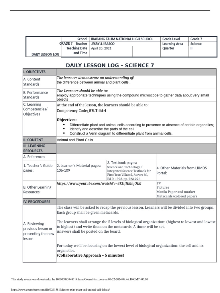 Lesson Plan Plant and Animal Cell 1 | PDF | Cell (Biology) | Cytoplasm