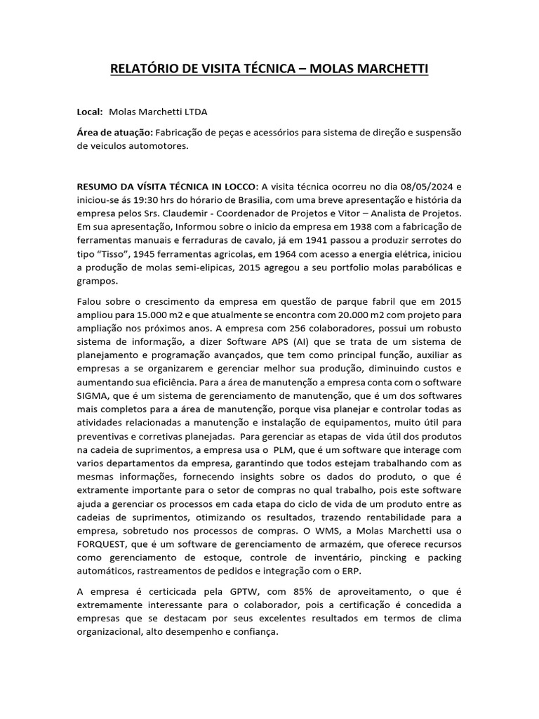 RELATÓRIO DE VISITA TÉCNICA - MOLAS MARCHETTI | PDF | Logística | Business