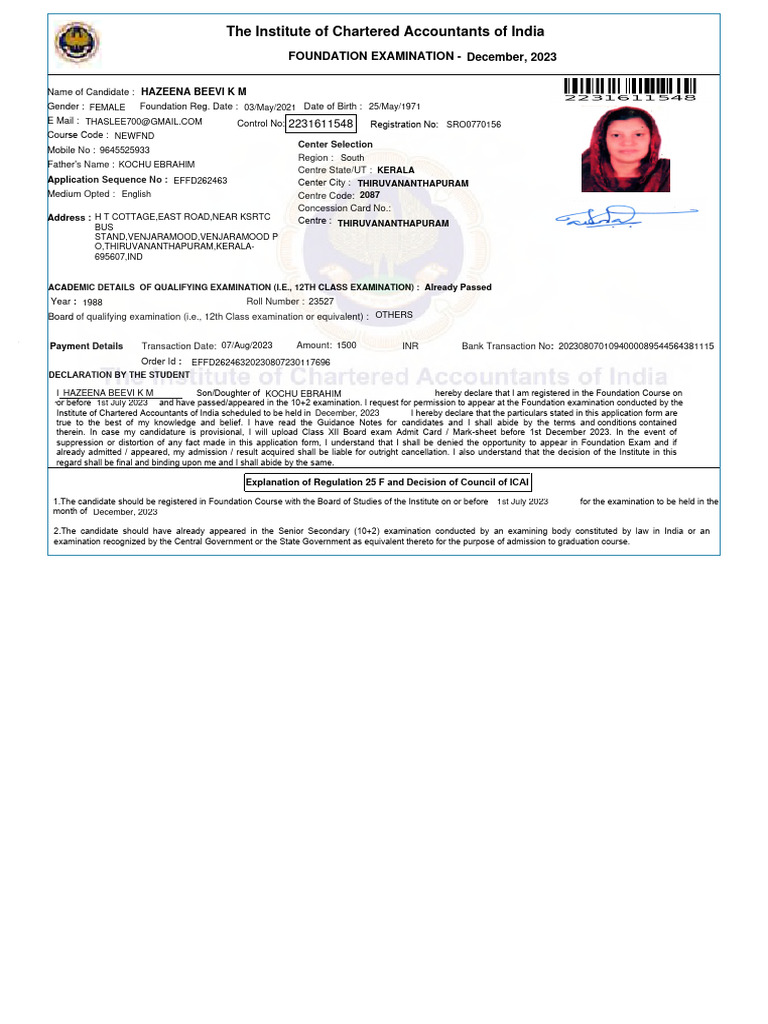 ICAI Foundation Exam Application Form | PDF | Career & Growth