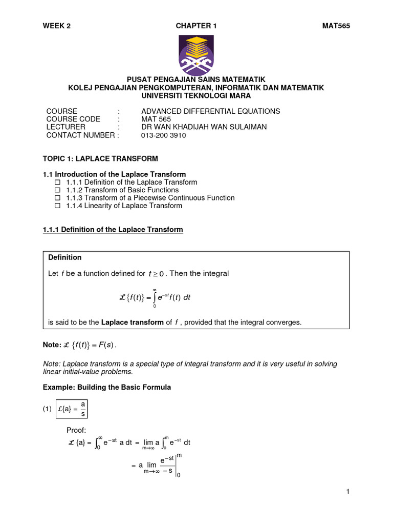 Laplace Transform in MAT565 | PDF | Laplace Transform | Equations