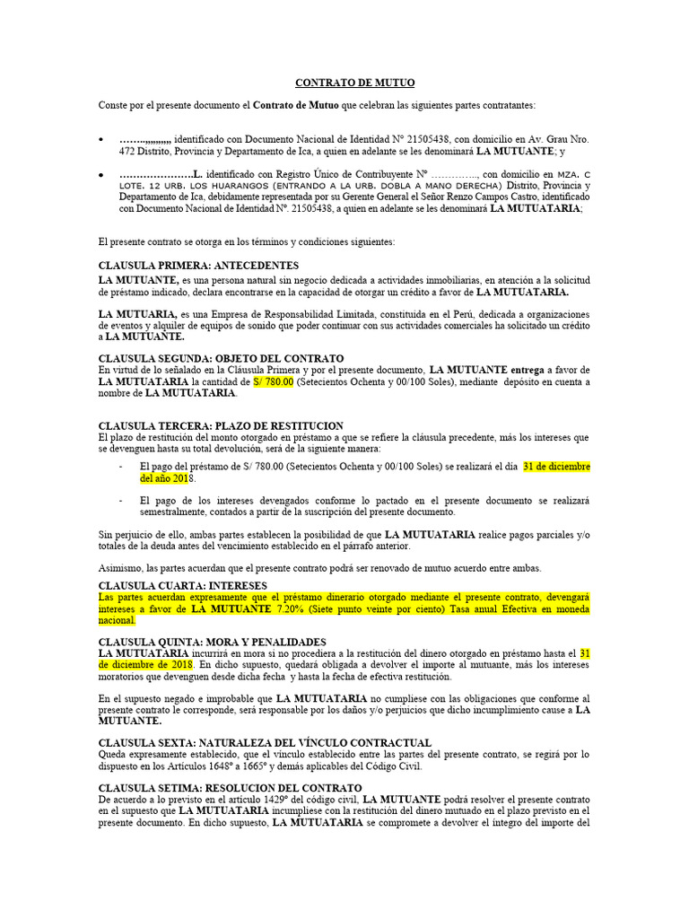 Modelo Contrato de Mutuo | PDF