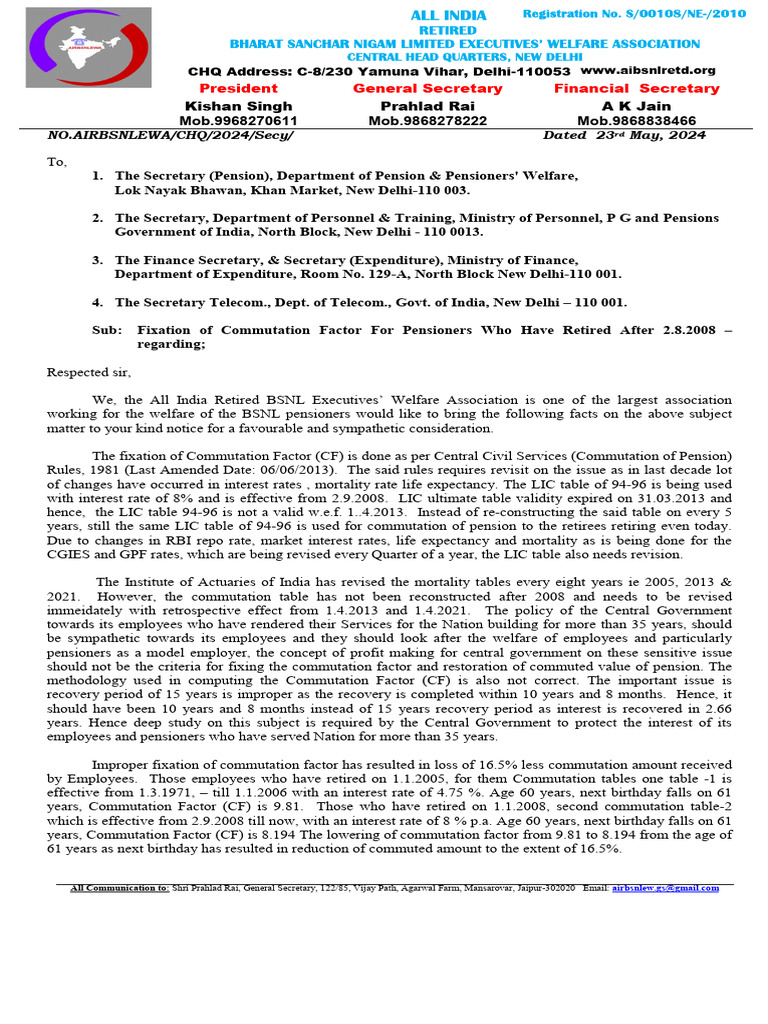 Letter To Secretary Pension Regarding Commutation | PDF | Economies