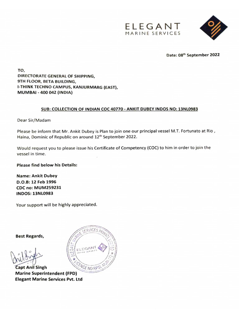 Company Letter Ankit Dubey 13NL0983 COC Issuance | PDF