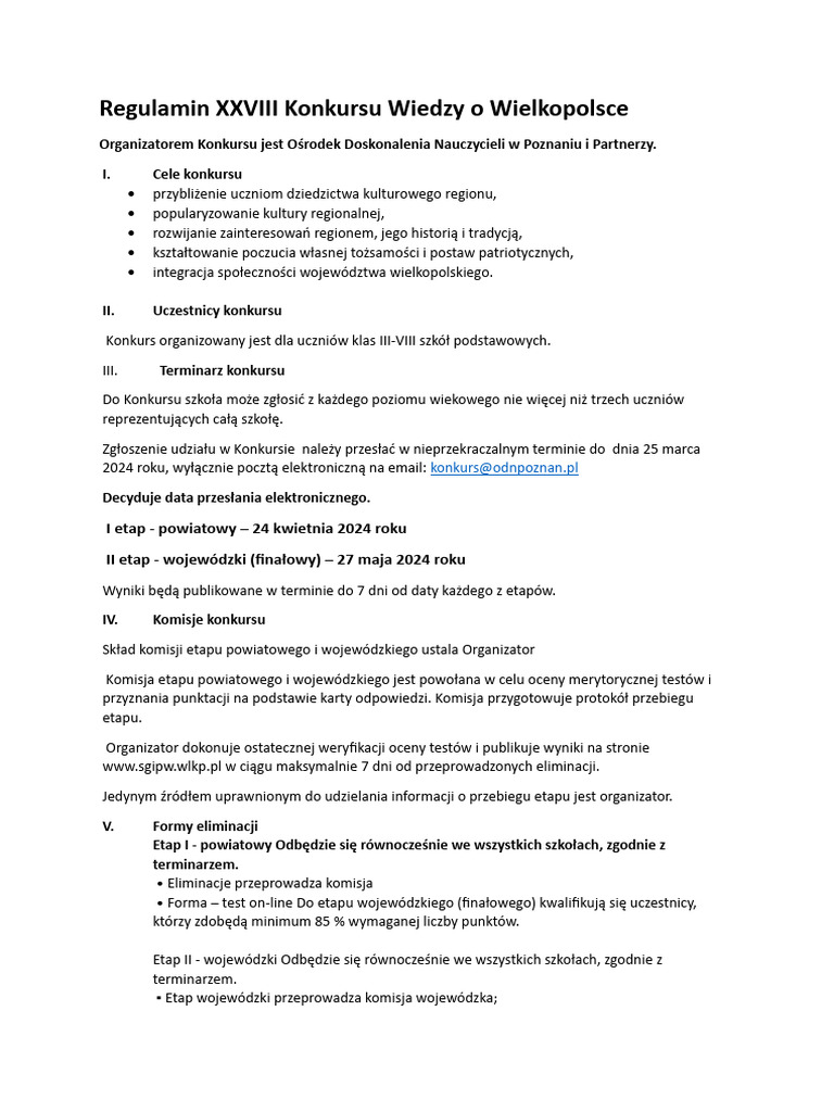 Kwow Regulamin Konkursu Wiedzy o Wielkopolsce 2024 | PDF
