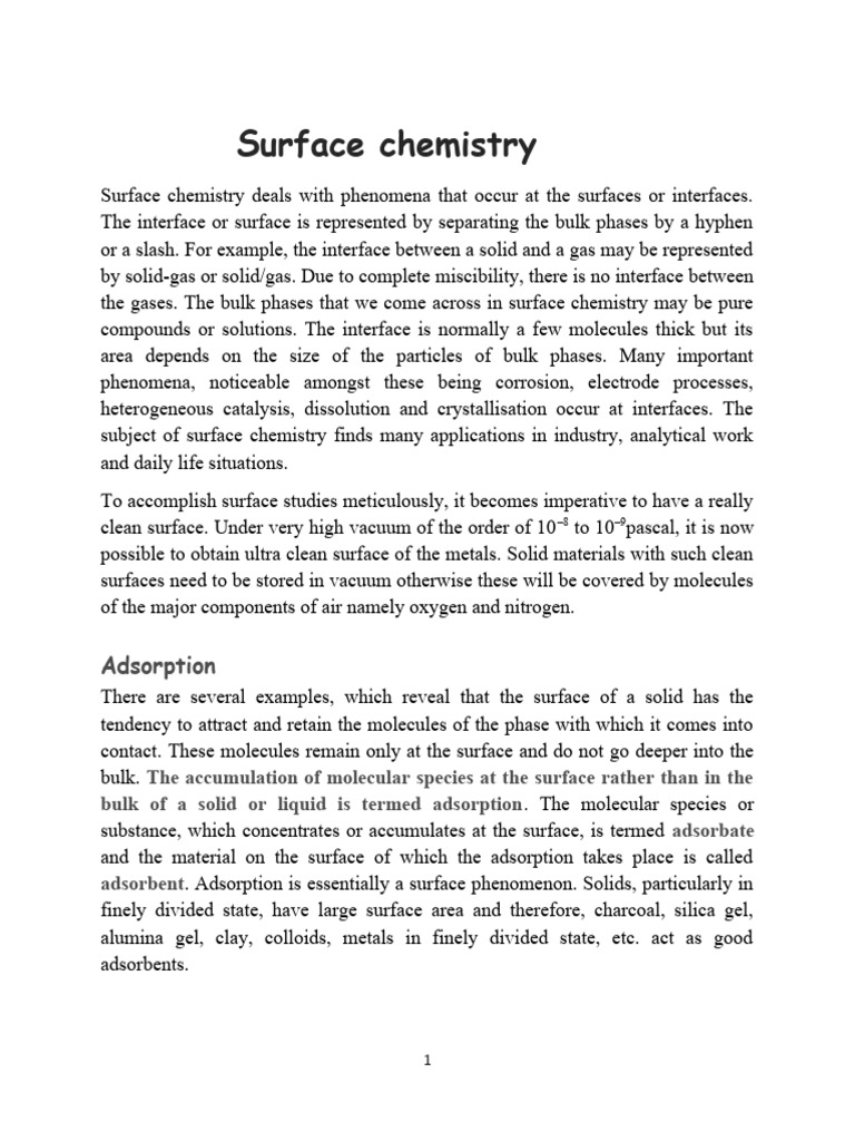 Chem 206 - Surface Chemistry Note1 | PDF | Adsorption | Gases