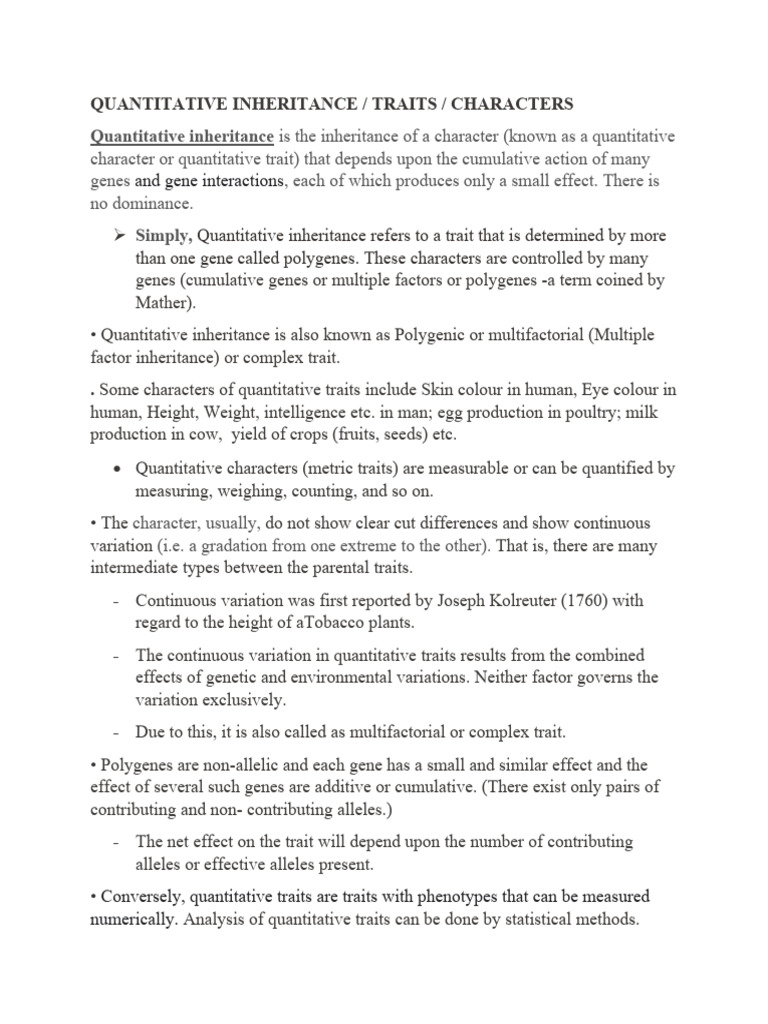 Note On QUANTITATIVE INHERITANCE | PDF | Quantitative Trait Locus ...