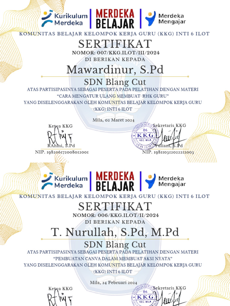 Sertifikat Pelatihan KKG Guru 2024 | PDF | Ilmu Sosial