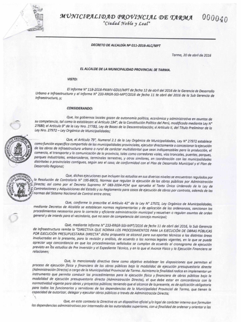 Directiva N°003-2016-Gdui-Mpt - Proc. Ejecucion Obra Por Administracion ...