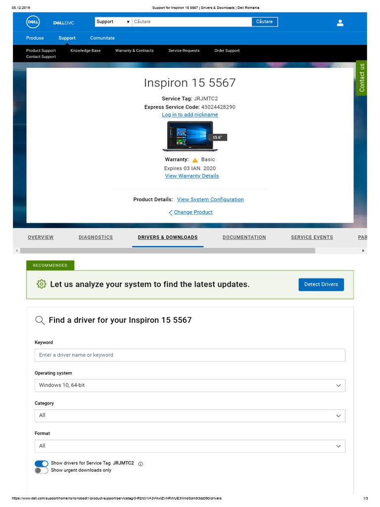 Support For Inspiron 15 5567 - Drivers & Downloads - Dell Romania | PDF | Device Driver | Bios